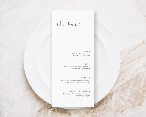 Editable Minimalistic Wedding Drink Menu Card The Bar Card Modern ...