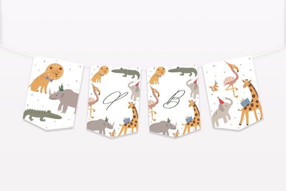 Editable Wild Animal Happy Modern Birthday Banner Animal High Chair ...