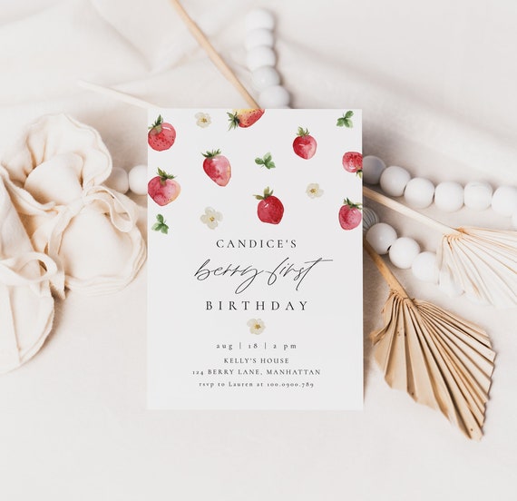 Editable Berry First Strawberry Modern Birthday Party Invitation ...