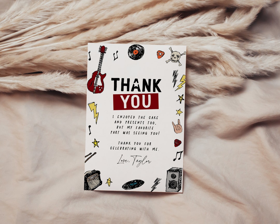 Rock Star Thank You Note Card Pop Star Guitar Pick Birthday Decor ...