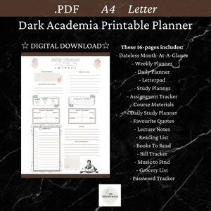 DARK ACADEMIA Printable Planner | Digital Planner Sheets - Etsy
