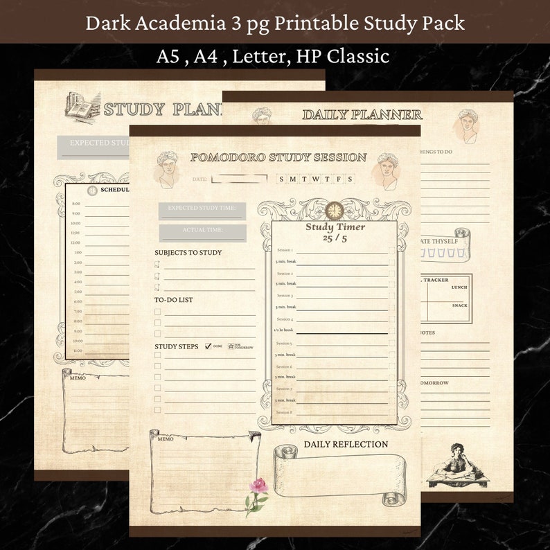 Dark Academia Study Pack Printables - Pomodoro Technique, Daily Study ...
