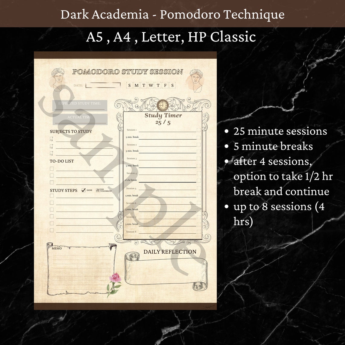 Dark Academia Study Pack Printables - Pomodoro Technique, Daily Study ...