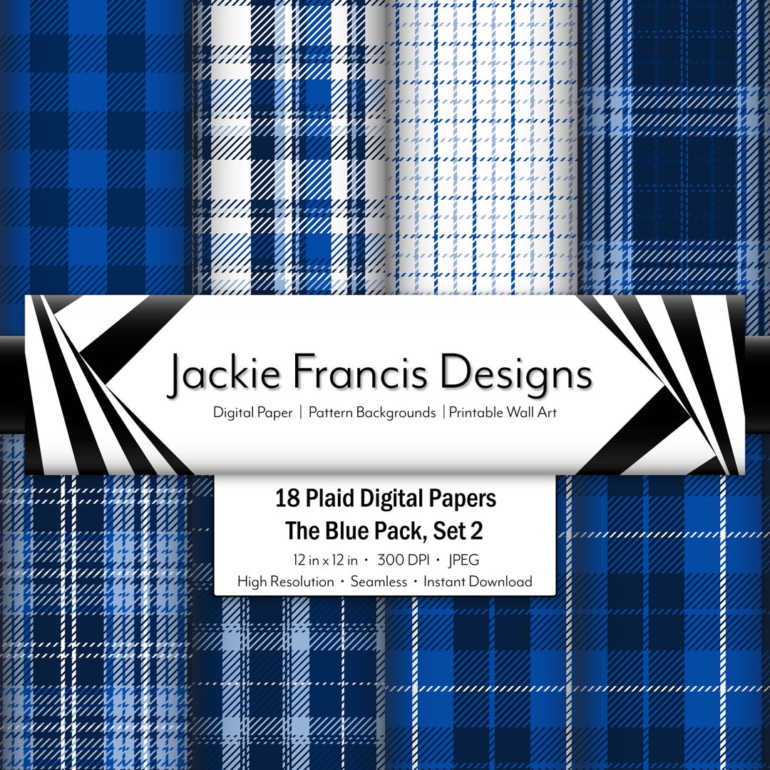 18 Blue Plaid Digital Papers for Winter, Blue Gingham Seamless Patterns ...