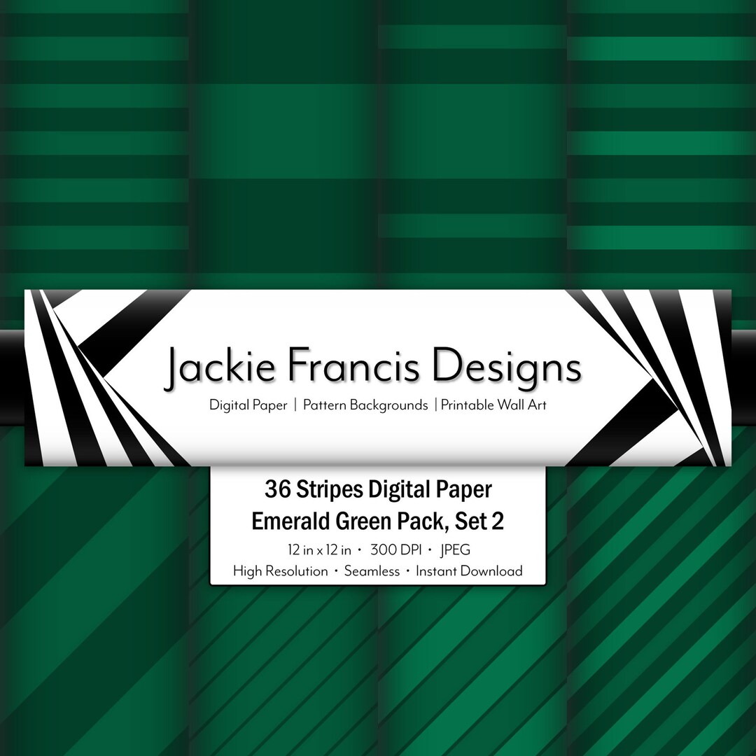 Emerald Green Digital Paper Pack of 36 in Stripes and Lines, Seamless ...