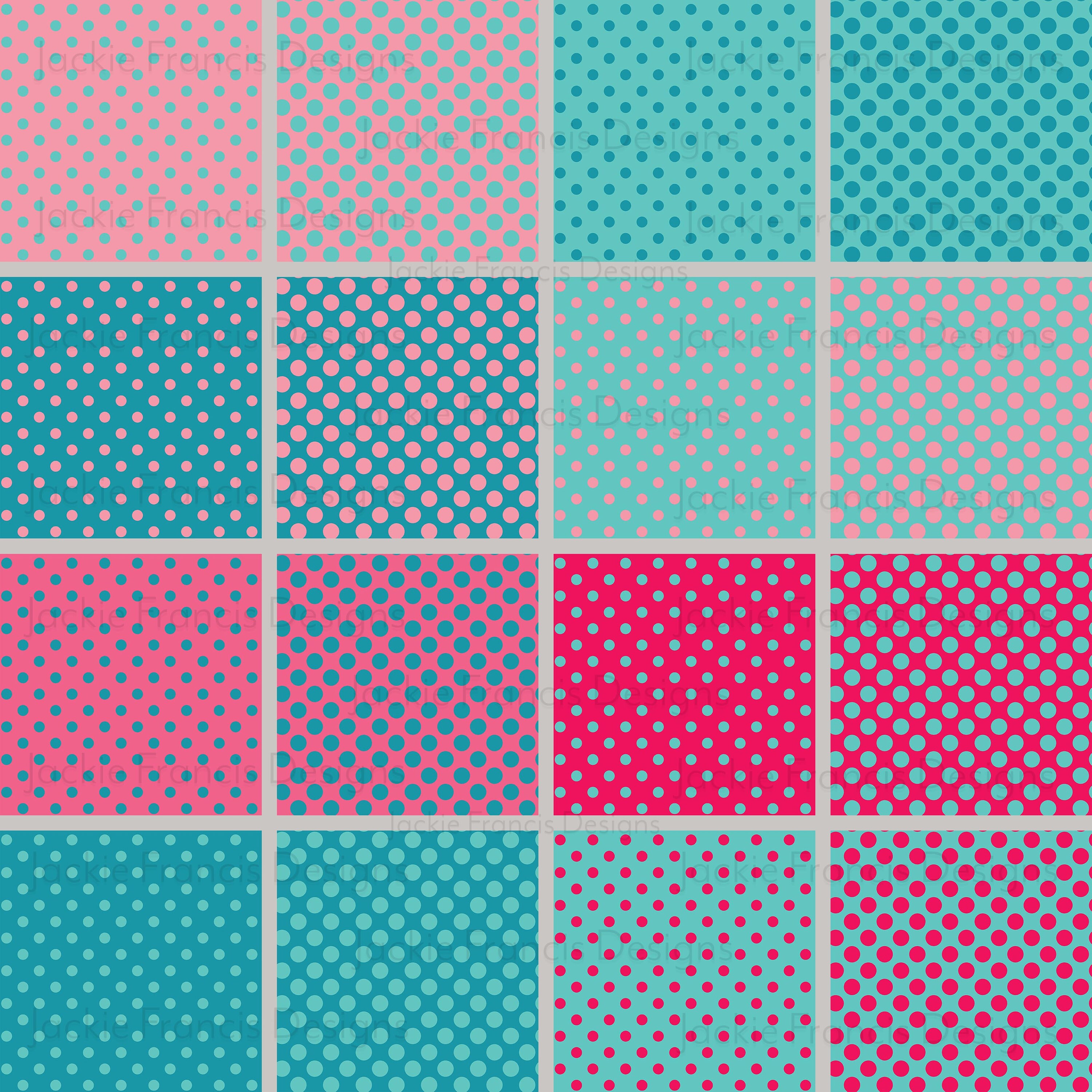 Pink and Blue Polka Dots Digital Paper Pack, 16 Bright Pink Polka Dots ...