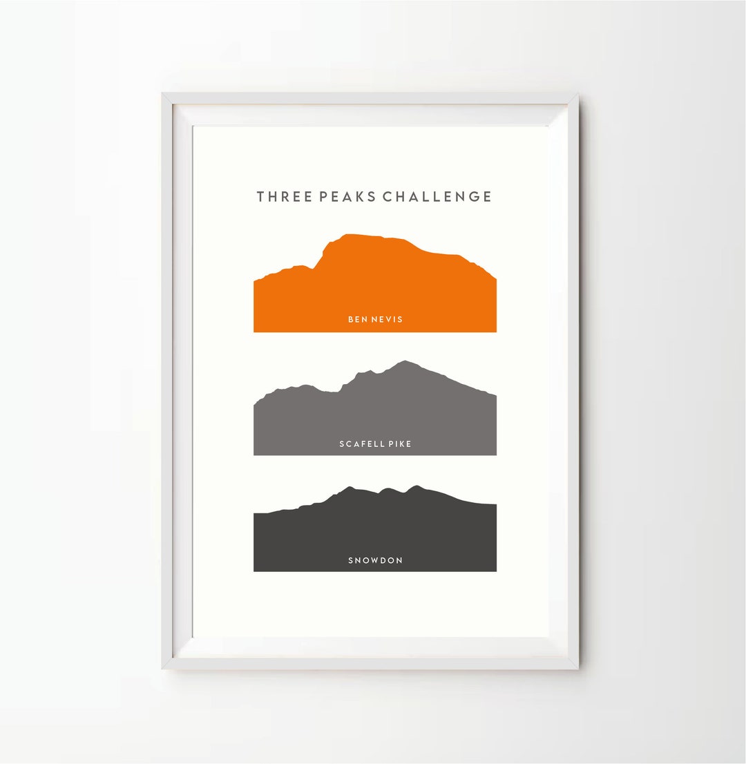 Three Peaks Challenge Line Art Print, Scafell Pike, Ben Nevis, Snowdon ...