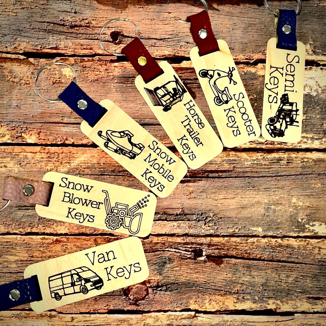 Set of 6 Vehicle Wood and Leather Custom Keychains SVG Van, Snow Blower ...