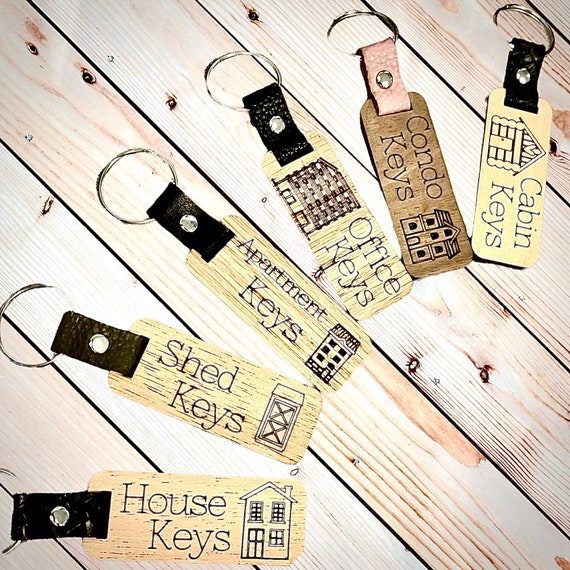 Set of 6 Building Wood and Leather Digital Custom Keychains - Etsy