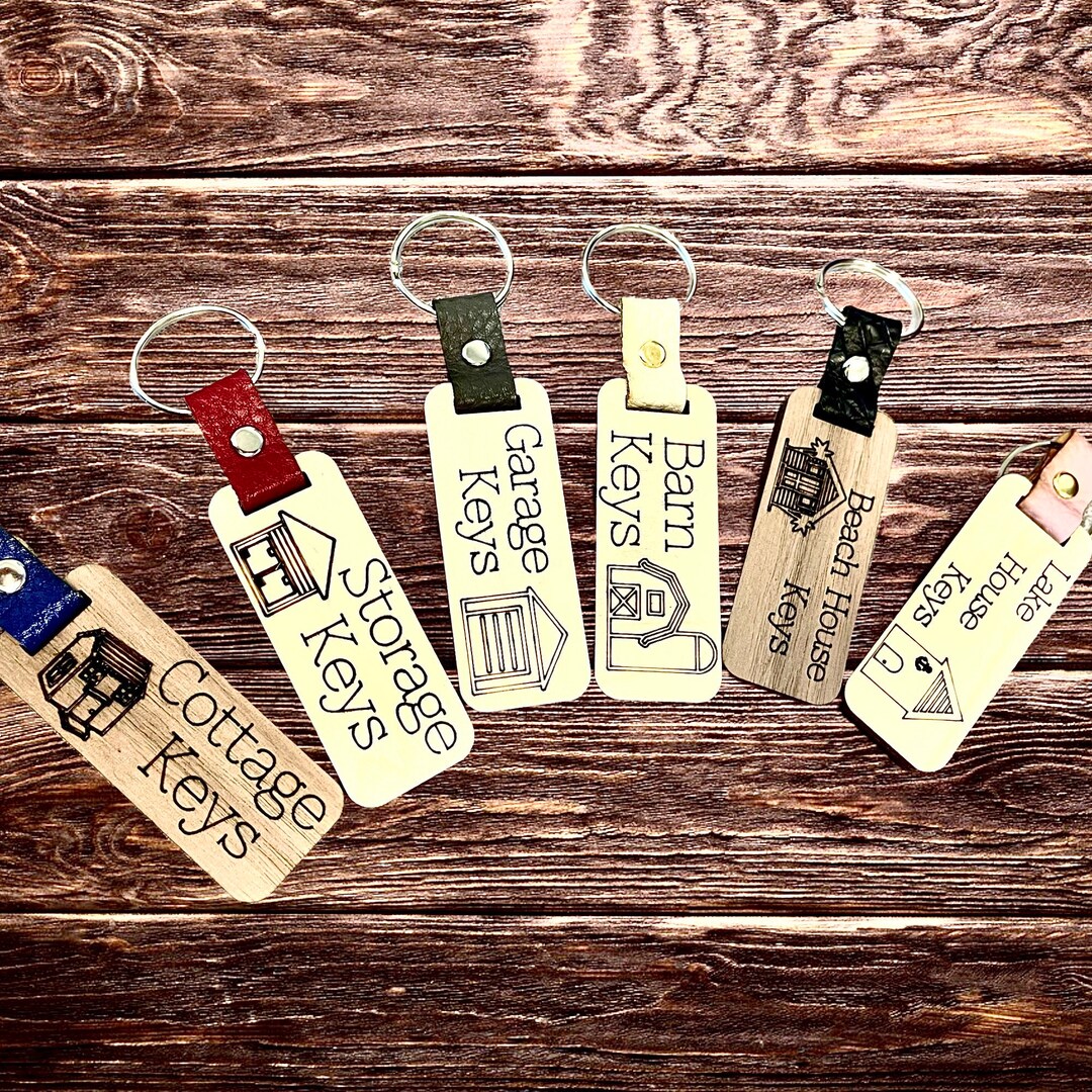 Set of 6 Building Wood and Leather Digital Custom Keychains Cottage ...