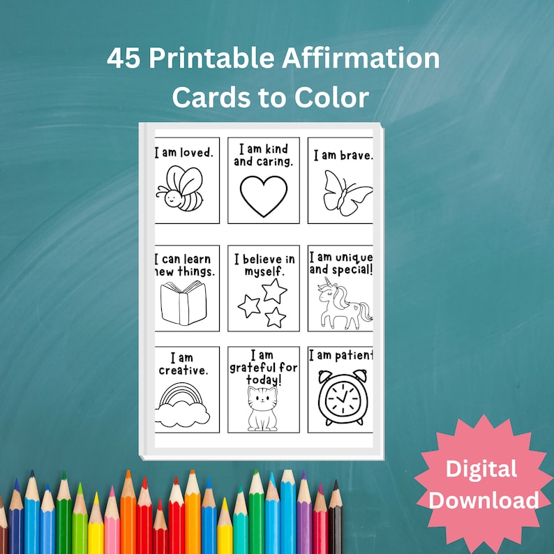 45 Printable Positive Affirmation Cards to Color for Kids, Motivational ...