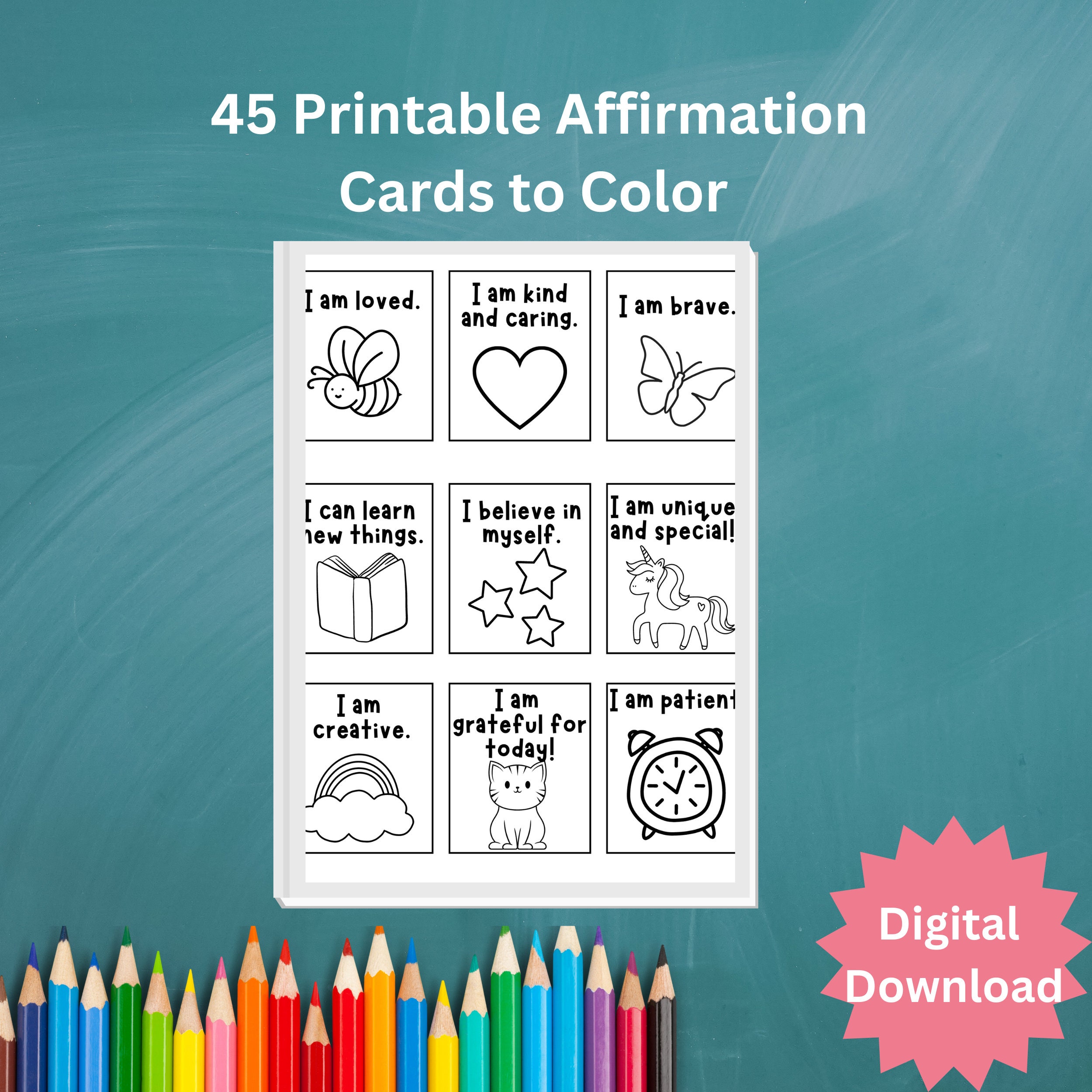 45 Printable Positive Affirmation Cards to Color for Kids, Motivational ...