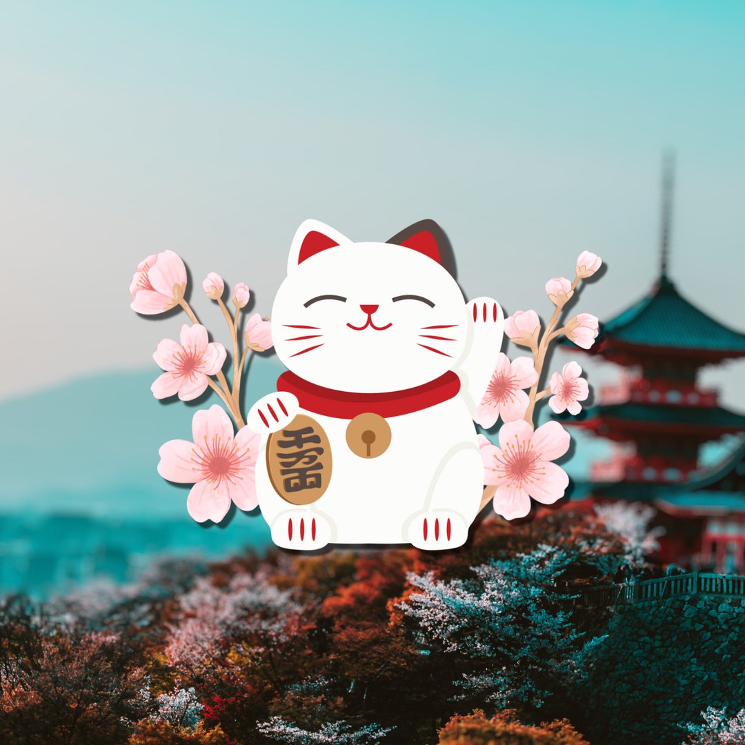 Lucky Cat Decal, Cherry Blossom Maneki Neko Sticker, Prosperity Sticker ...