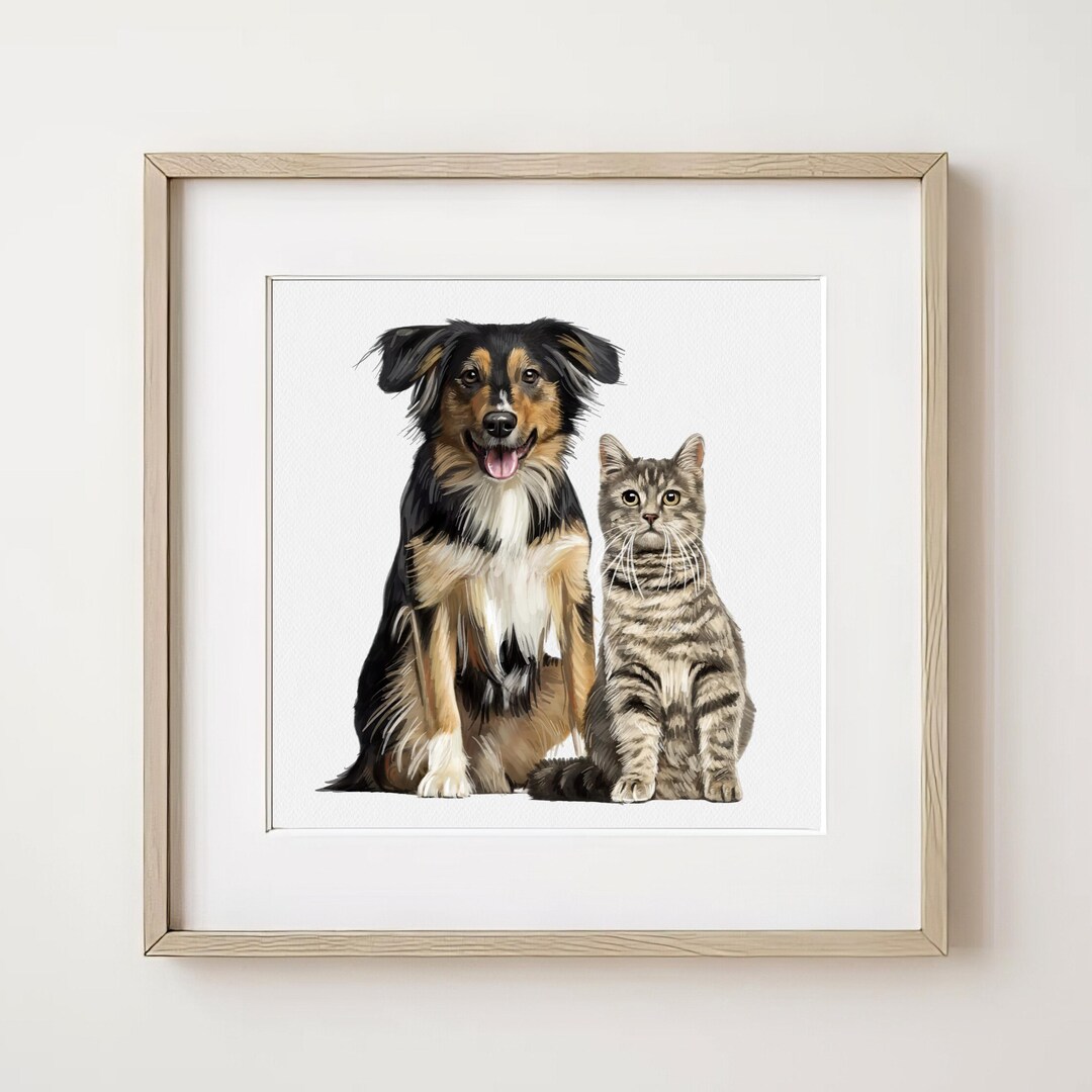 Minimal Dog Cat Portrait Painting, Hand Painted Cat Dog Portrait From ...