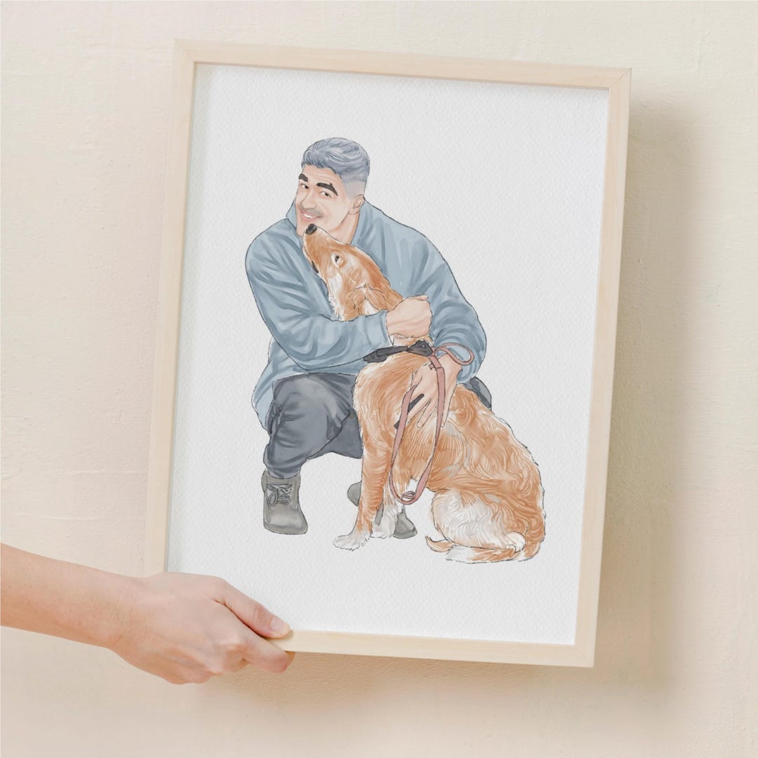 Custom Dog Owner Portrait Drawing Hand Painted Minimal Watercolor ...