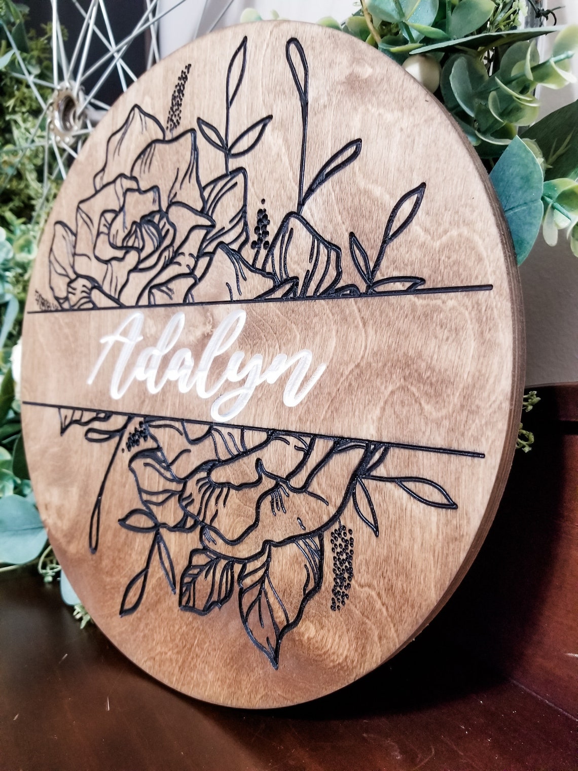 Floral Name Sign Floral Name Wood Round Custom Baby Name - Etsy