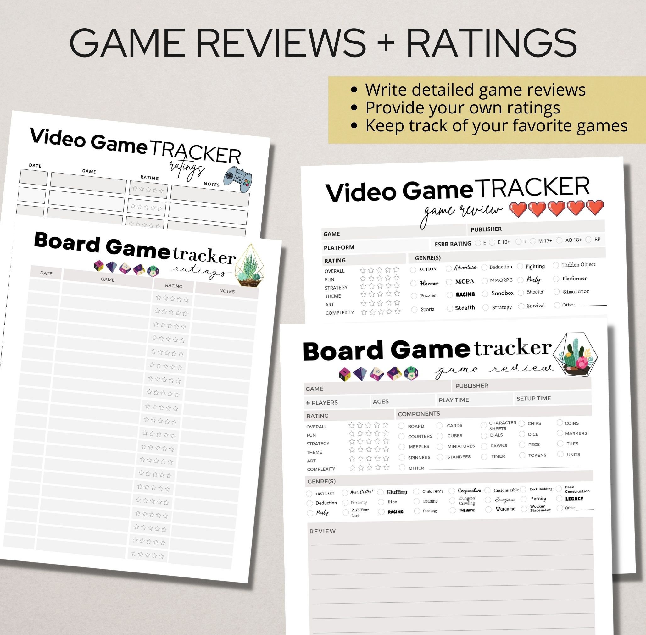 Board Game and Video Game Trackers Bundle Track Wins, Ratings, Reviews ...