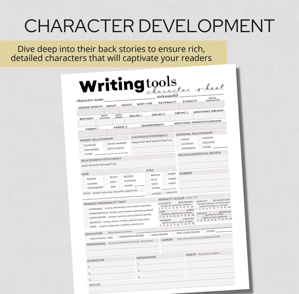 Character Development Writing Tools Character Sheets Back - Etsy