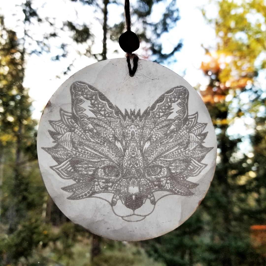 Selenite Sun Catcher Fox 4 Hanging Engraved Selenite Circle Moon Phase ...