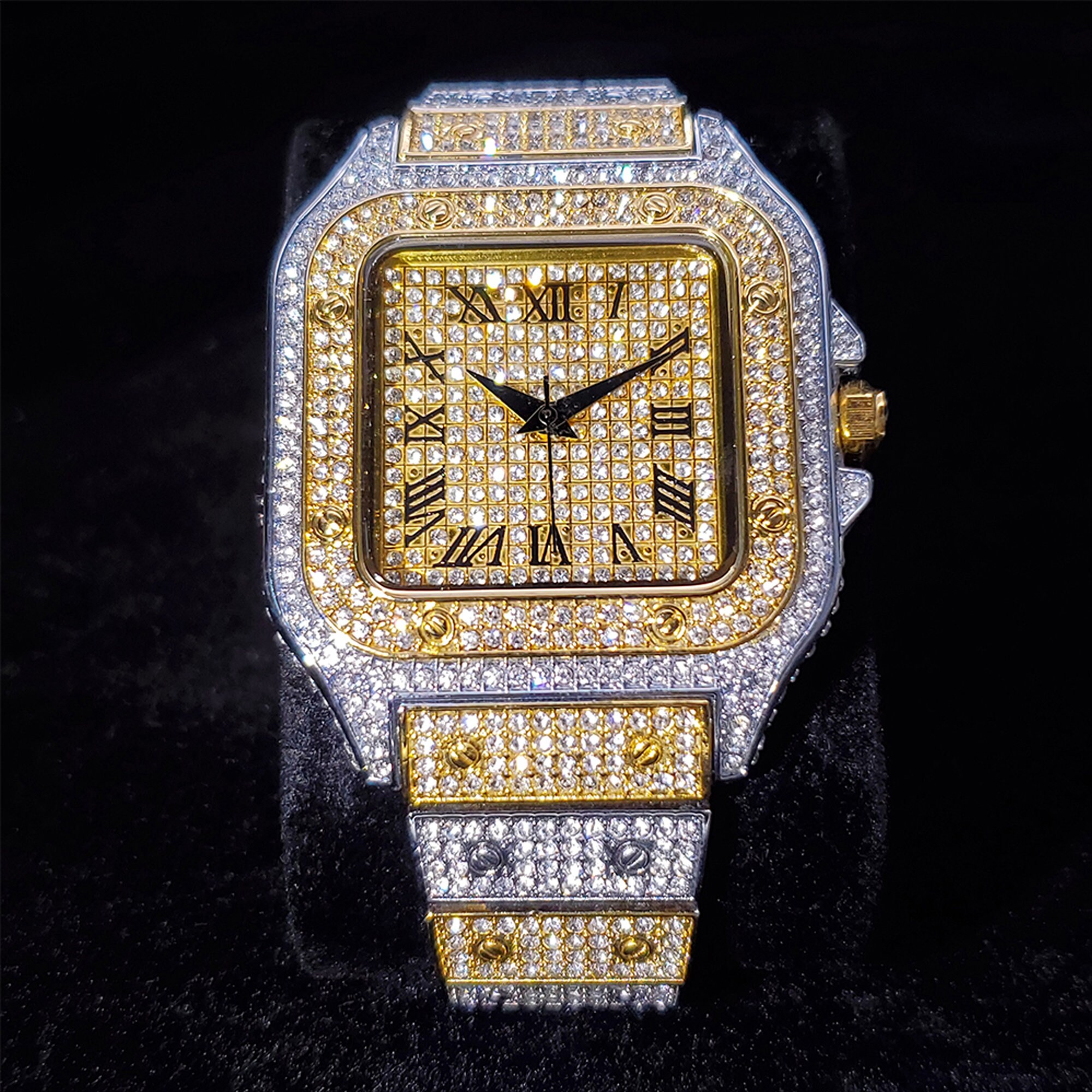 18K Men's Square Roman Numeral Baguette Zircon Diamond Watch High ...
