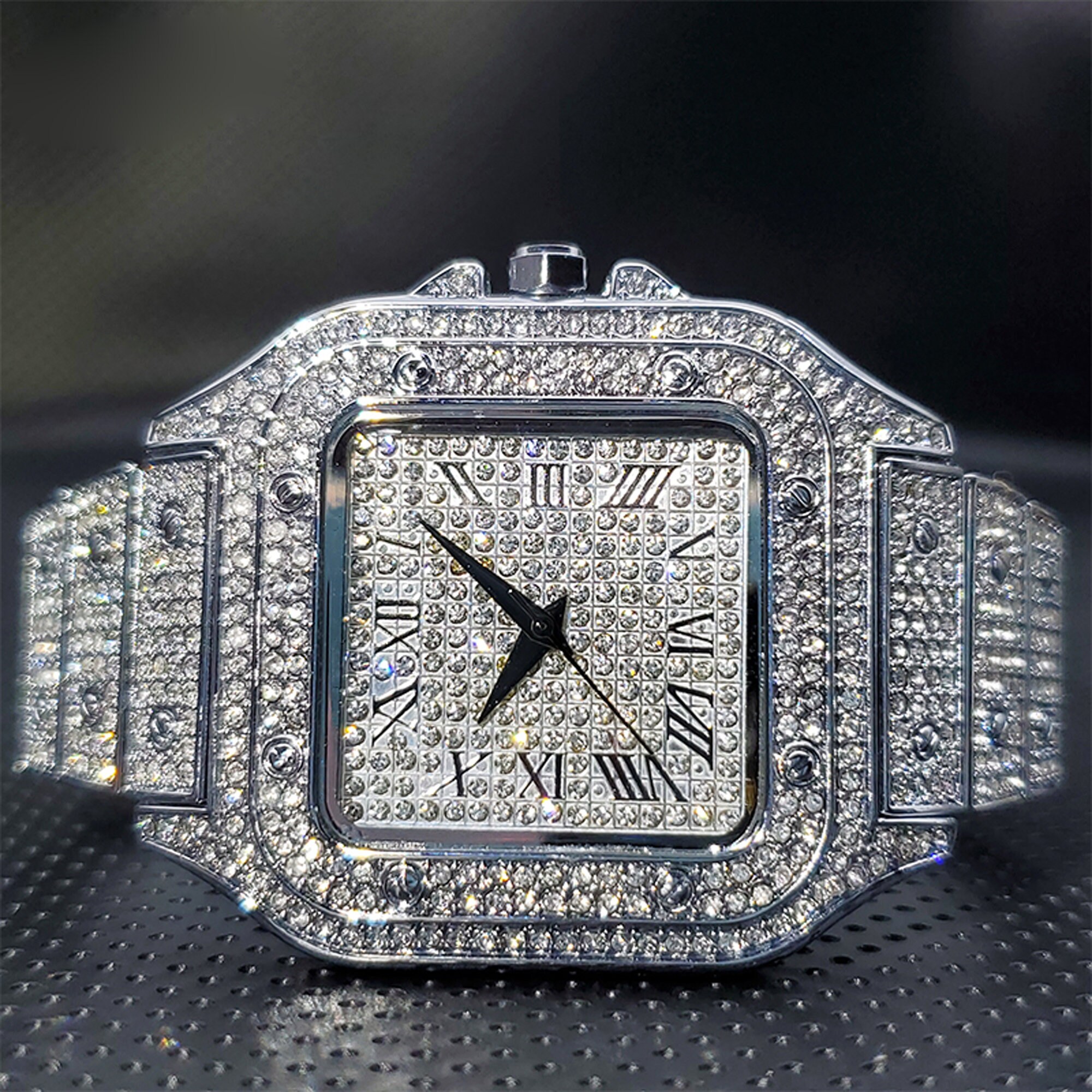 18K Men's Square Roman Numeral Baguette Zircon Diamond Watch High ...
