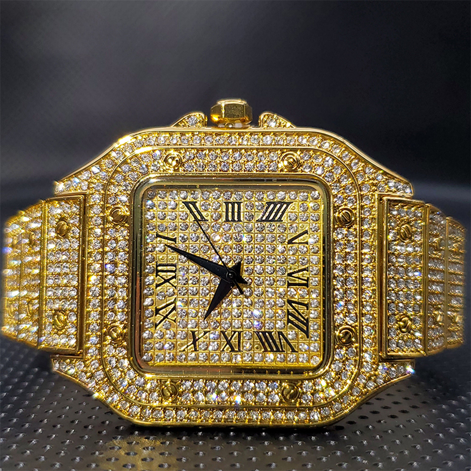 18K Men's Square Roman Numeral Baguette Zircon Diamond Watch High ...