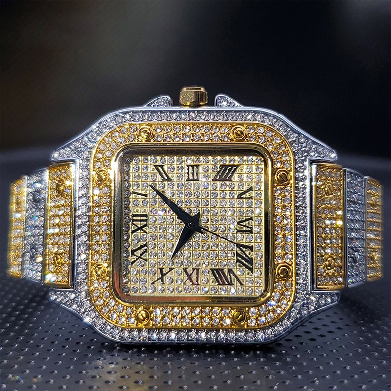 18K Men's Square Roman Numeral Baguette Zircon Diamond Watch High ...