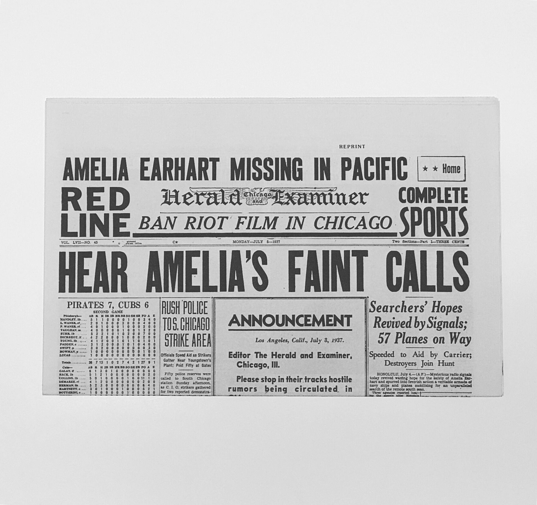 Newspaper Reprint - Amelia Earhart: "hear Amelia's Faint Calls ...