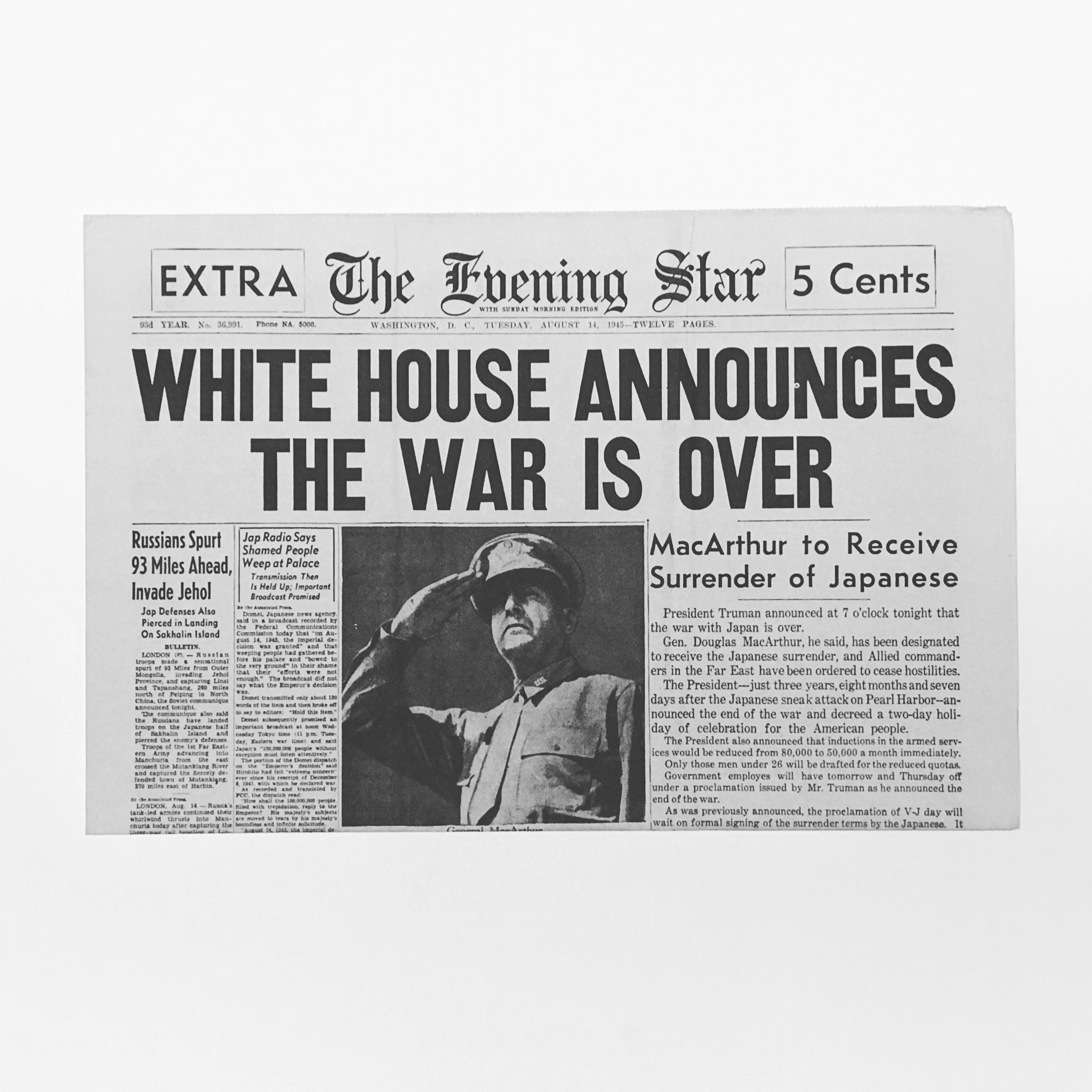 Newspaper Reprint - WWII: "white House Announces the War is Over," the ...