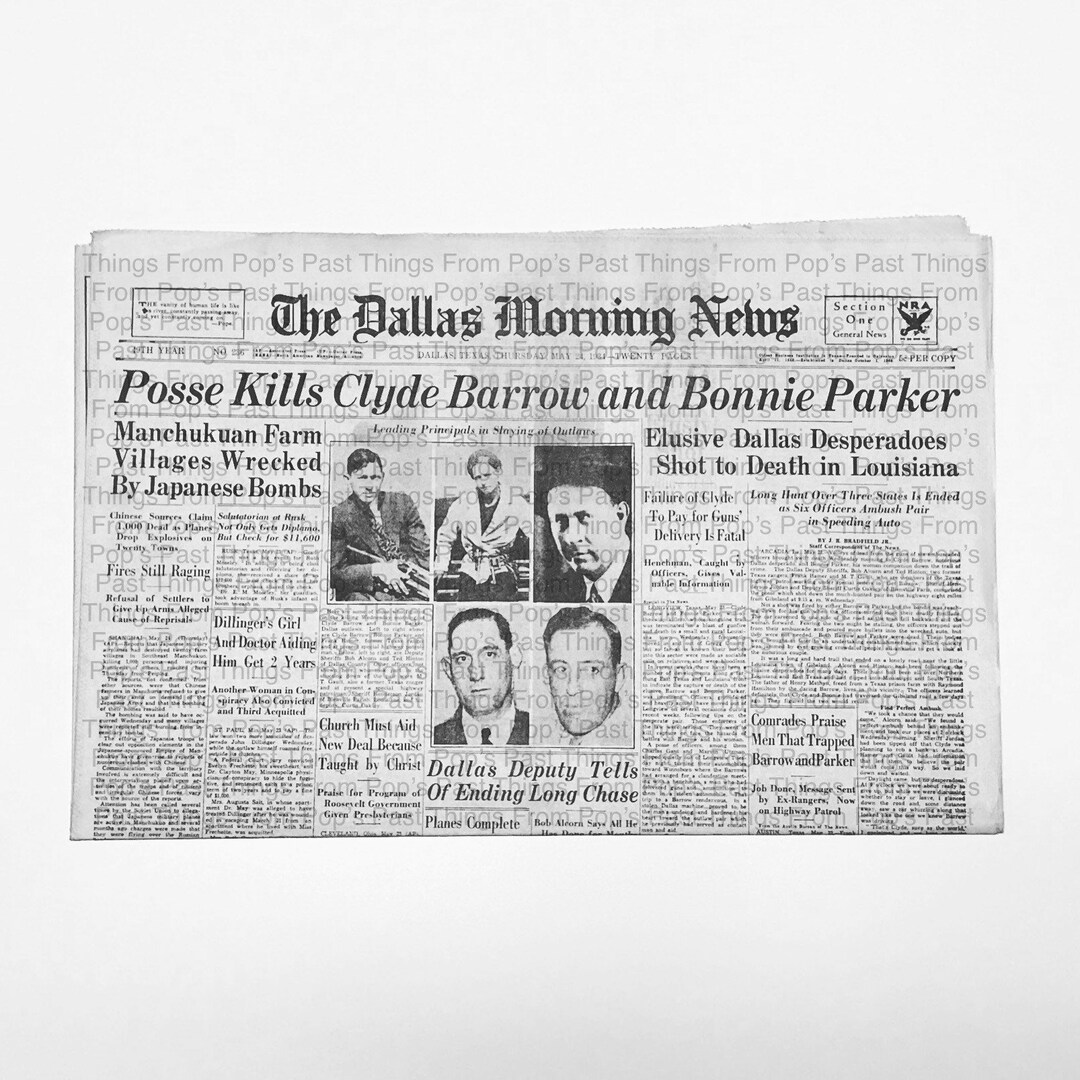 Newspaper Reprint - Bonnie and Clyde: "posse Kills Clyde Barrow and ...