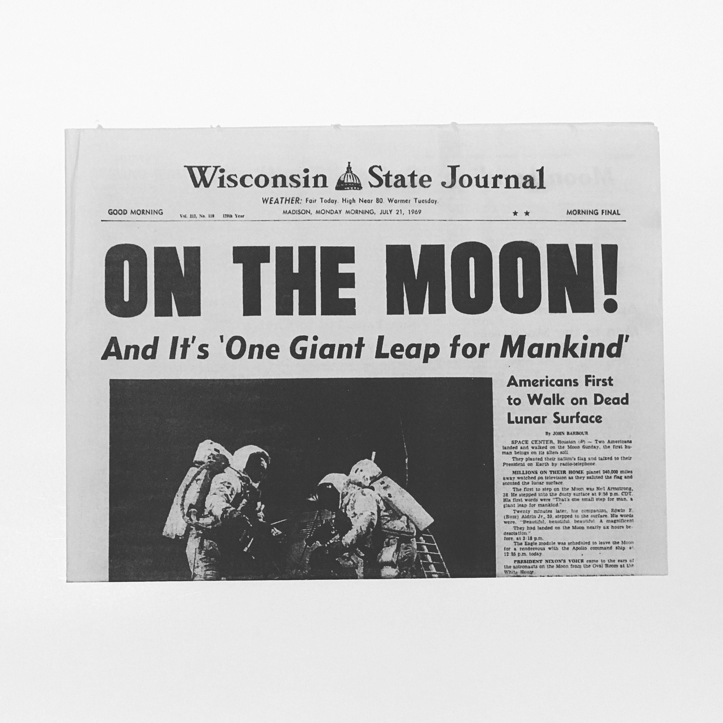 Newspaper Reprint - Moon Landing: "on the Moon! and It's 'one Giant ...