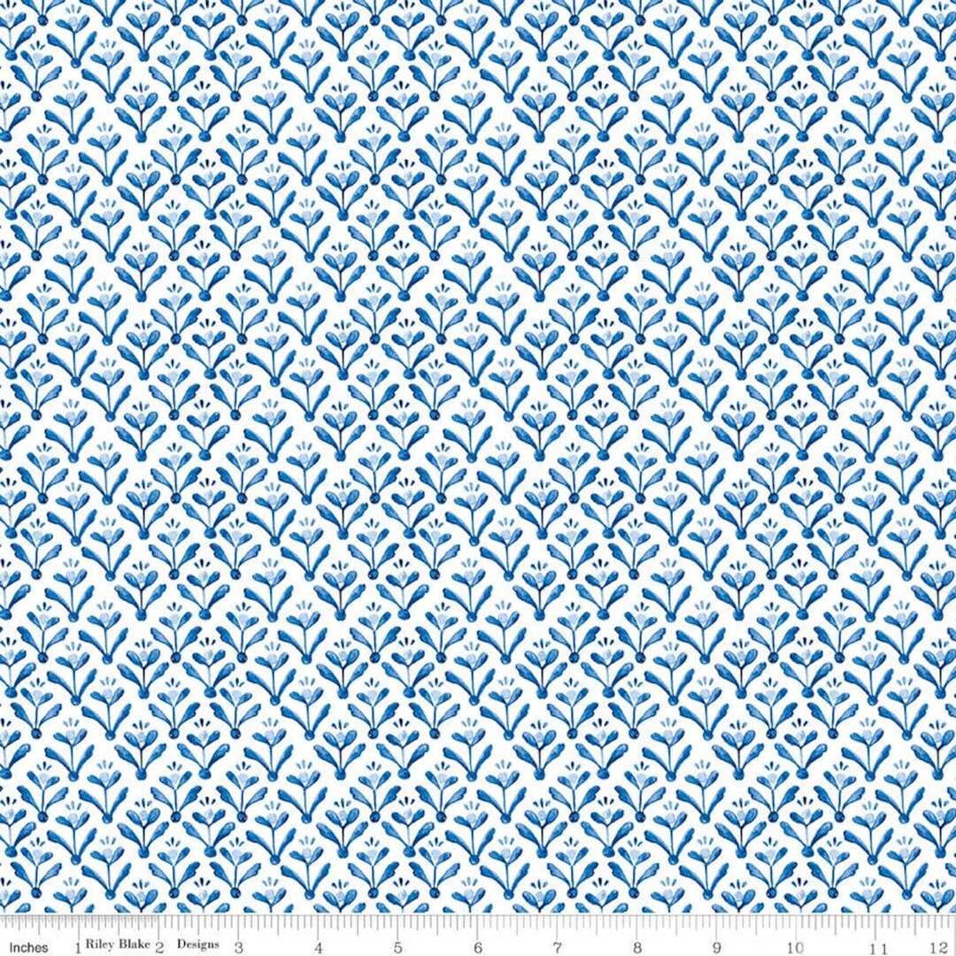 Sunshine and Dewdrops Fabric Yardage | Leaves in Blue and White | by Sandy Gervais for Riley ...