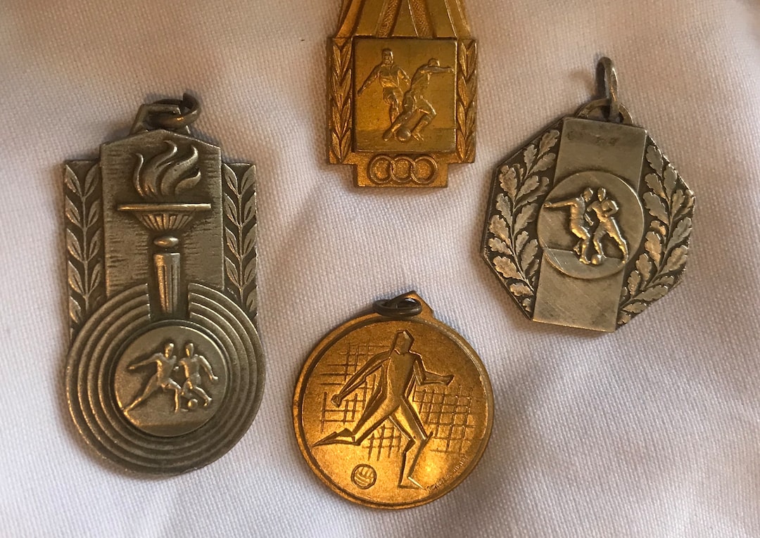 Four Vintage and Art Deco Soccer Football Medals Olympics Fraisse Demey ...