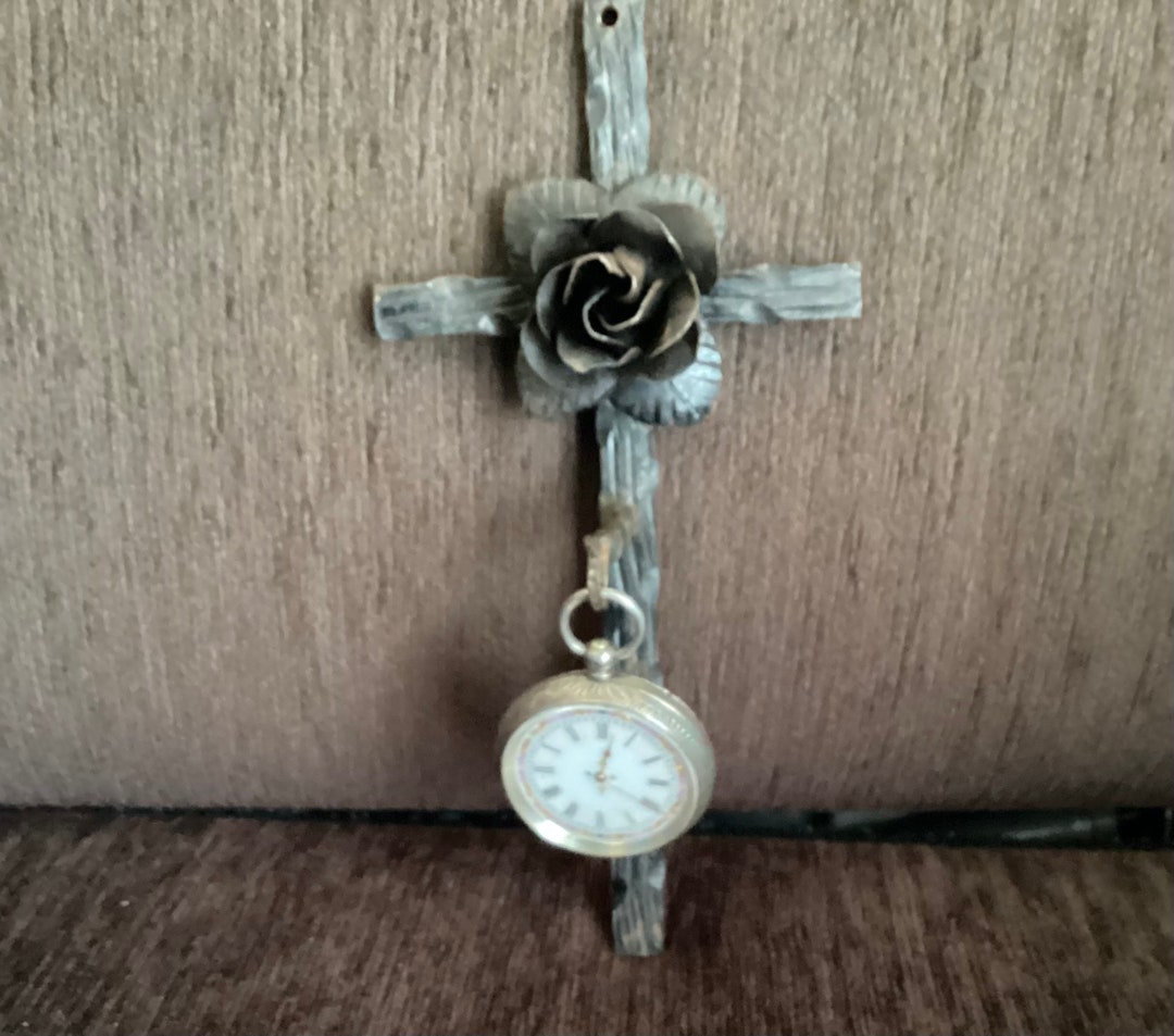 Very Unusual Watch Wall Stand Cross and Rose in Iron Pocket Watch Stand ...