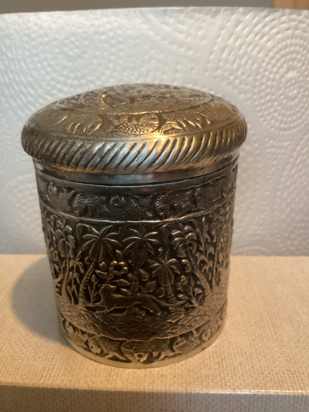 Indian Silver Lidded Canister Jungle and River Design Tea Caddy Kutch ...