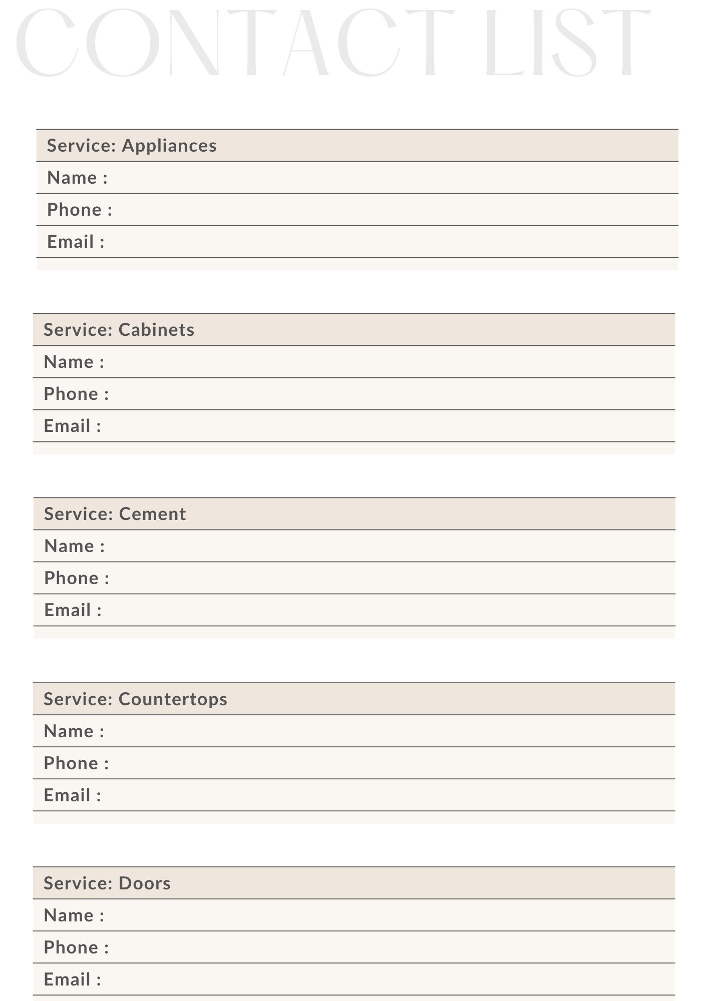 Contractor Contact List - Etsy