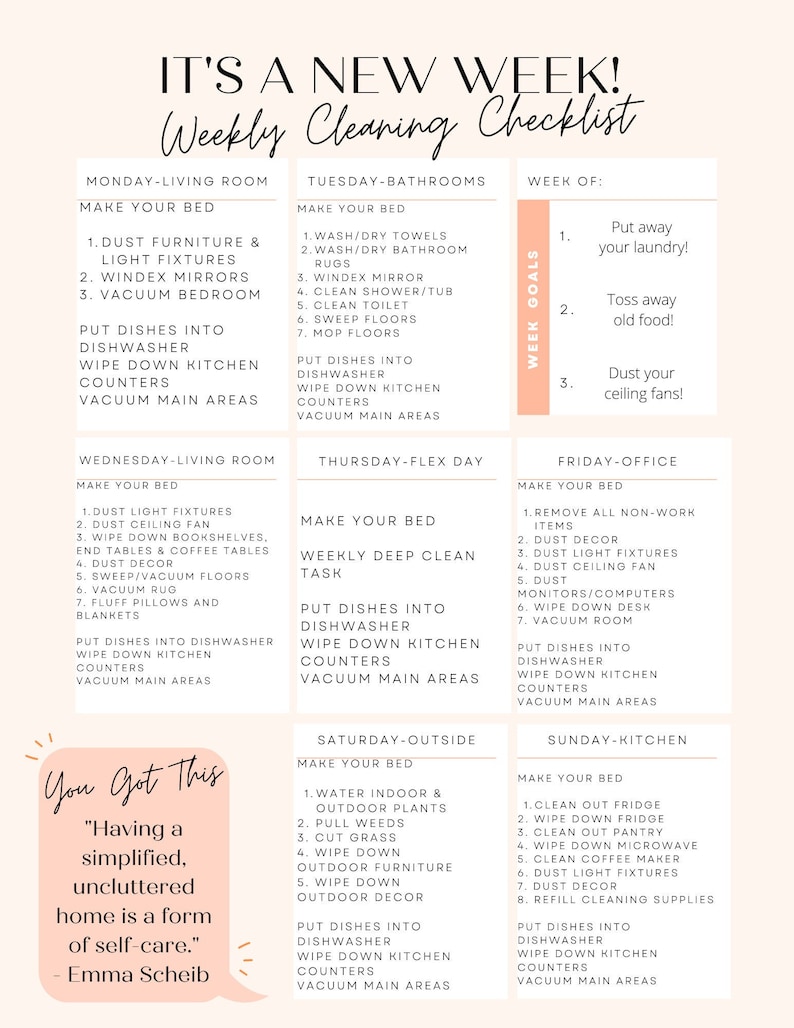 Weekly Cleaning Check List Printable - Etsy