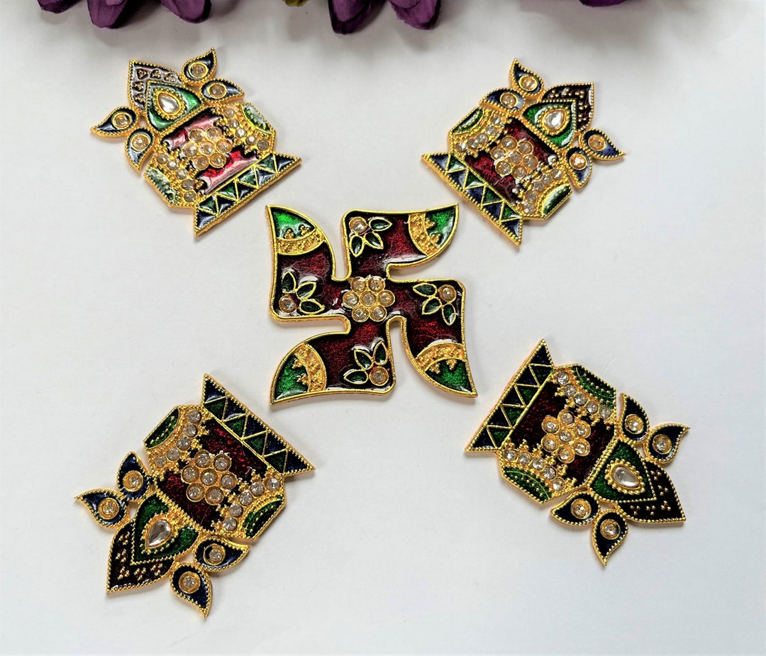 5 Piece Meenakari Hindu Sathiyo & Kalash Symbol for Front Door Rangoli ...