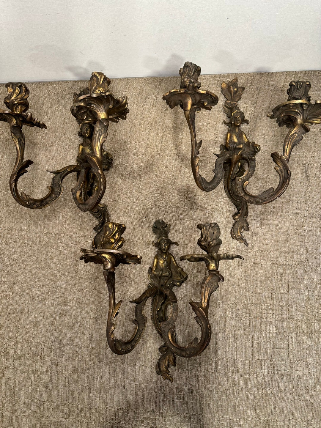 3 Vintage French Rococo Chinoiserie Figural Brass Wall Sconces Oriental ...