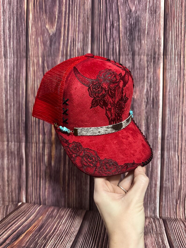 Faux Suede Trucker Hat, Freehand Floral Bull Skull, Western Design - Etsy