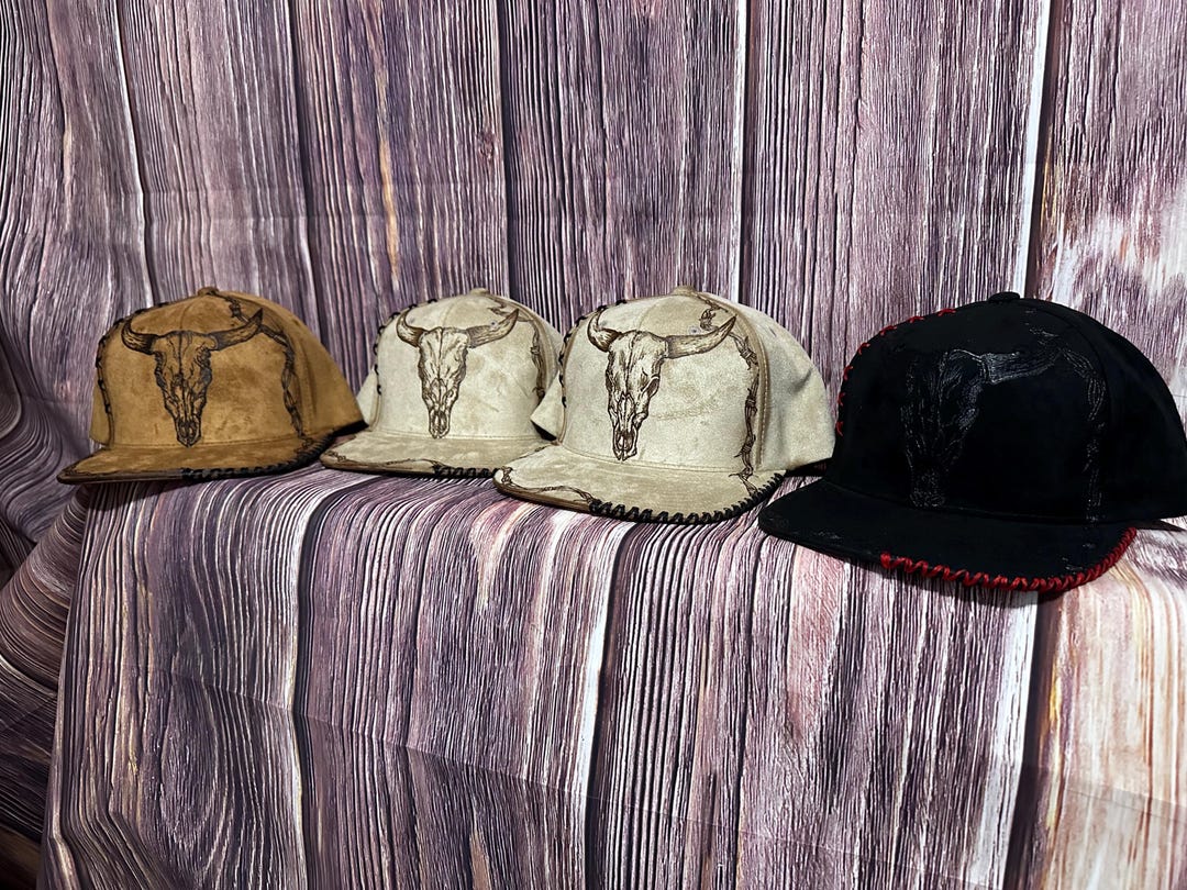 Faux Suede Snapback Hat, Freehand Bull Skull Design - Etsy