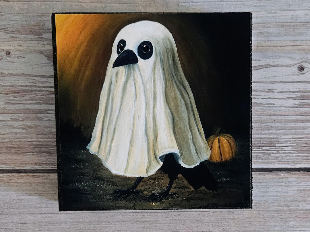 Crow Ghost Archival Print on 4x4" Wood Block: Halloween - Etsy