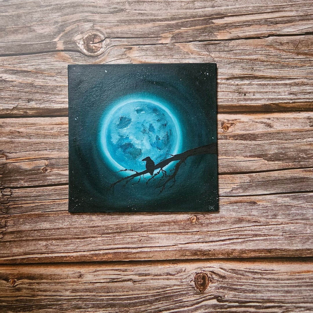 6x6 Original Oil Painting Teal Blue Moon Crow/raven Basking in the ...