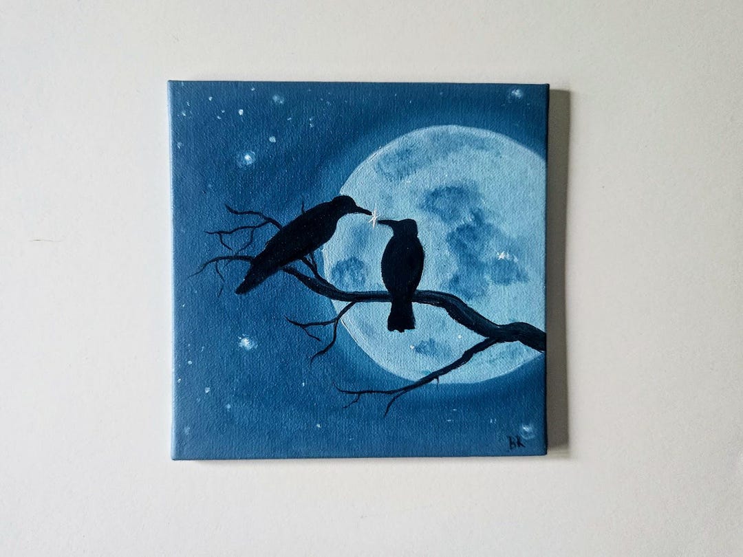 Crows Kissing in the Moonlight - 4x4" Mini Original Oil Painting - Blue ...