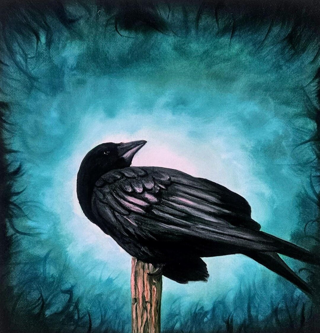 Crow Art PRINT - Oil Painting - Dark Surreal Dreamy Teal and Black ...