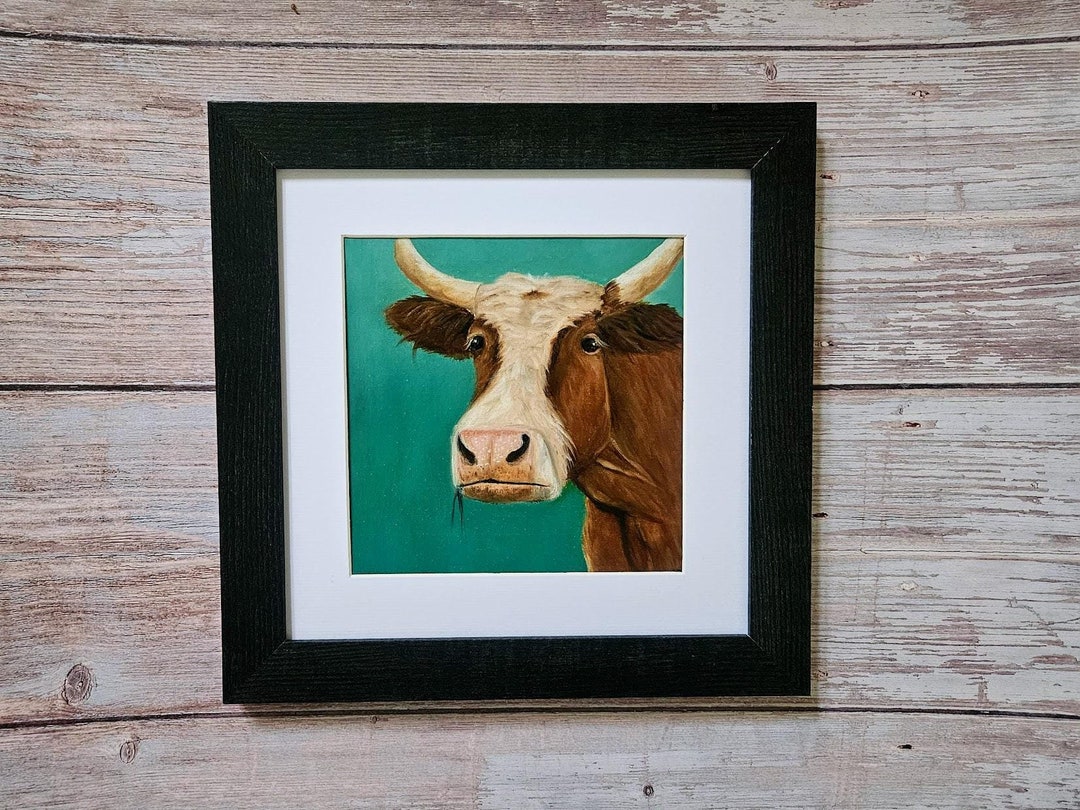 Cow Oil Painting: Farmhouse Animal Art, Teal Sky (6x6") - Etsy