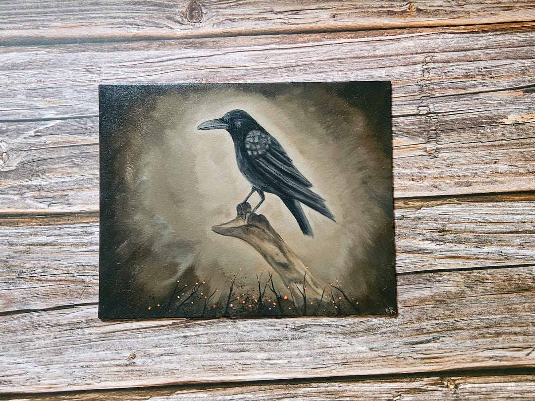 Raven Oil Painting: 8x10" Bird Art, Rustic Fantasy Decor - Etsy