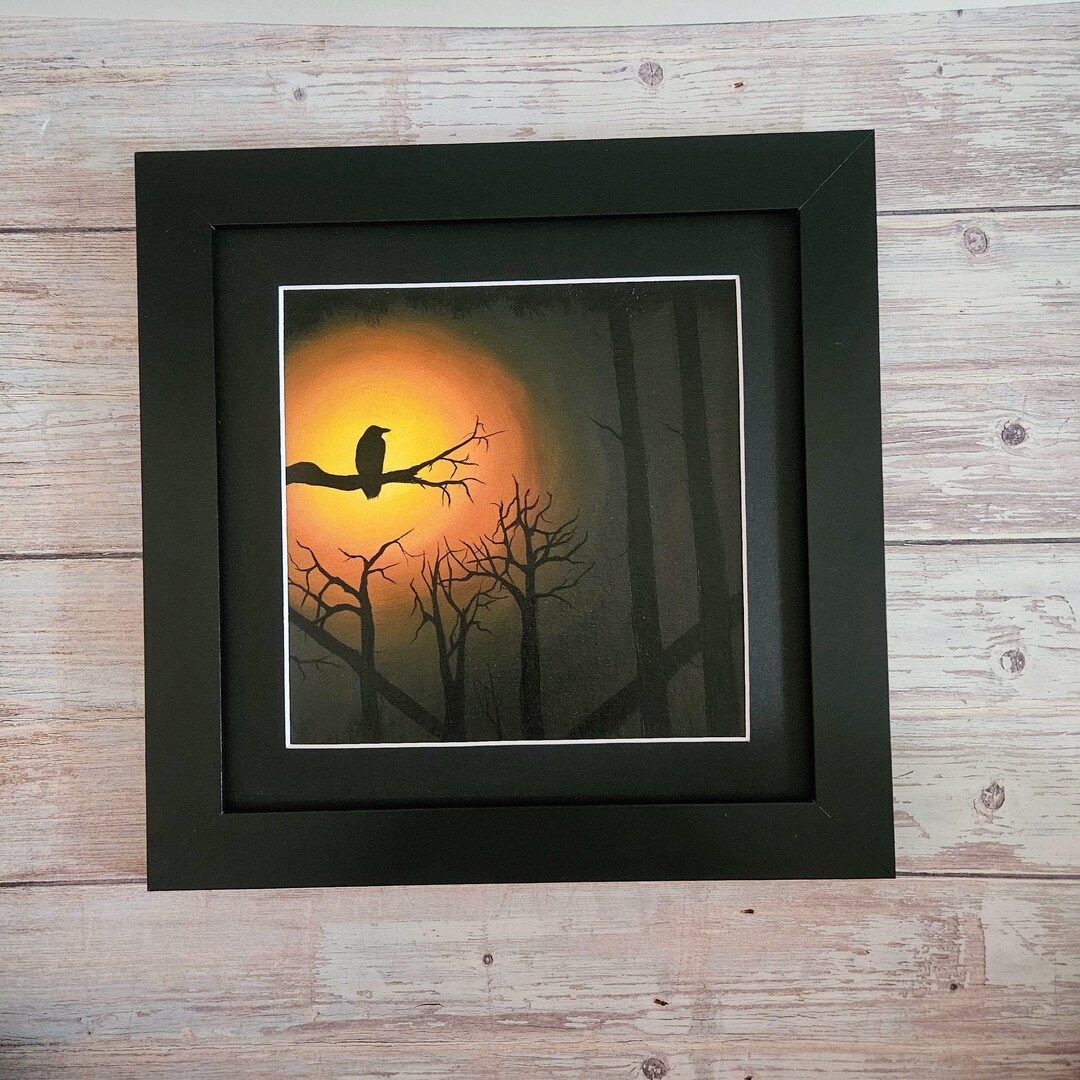 Glowing Sunset Original Oil Painting With Crow - 8x8" - Etsy