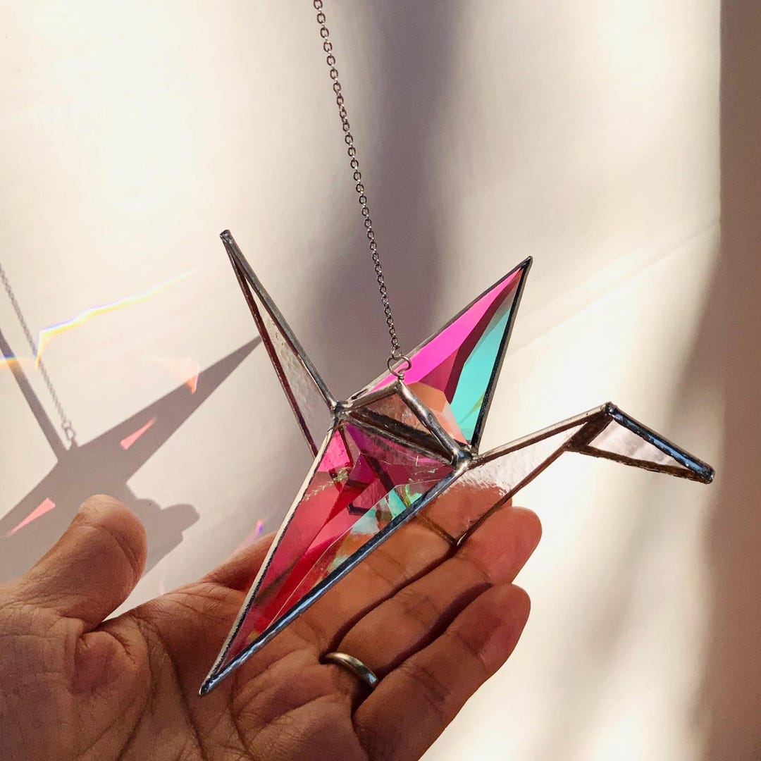 Handmade Stained Glass Origami Crane: Bullseye Glass Mobile Suncatcher ...