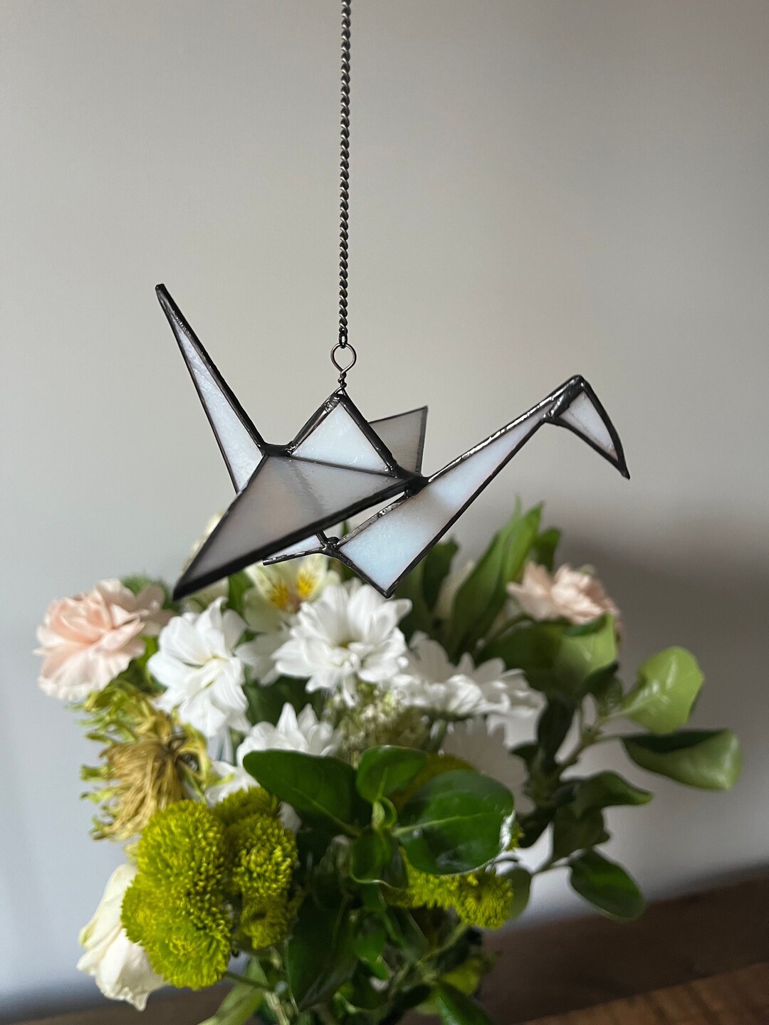 White Opaque Stained Glass Origami Crane Sun Catcher, Geometric Origami ...